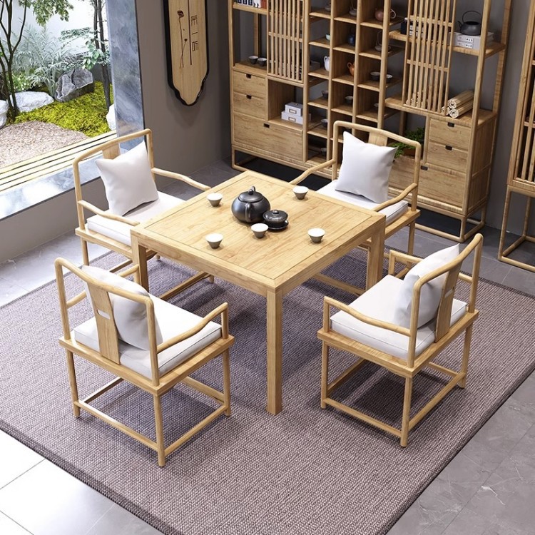 原木色正方形八仙桌棋牌桌打牌四方桌新中式实木茶桌椅组合茶几桌