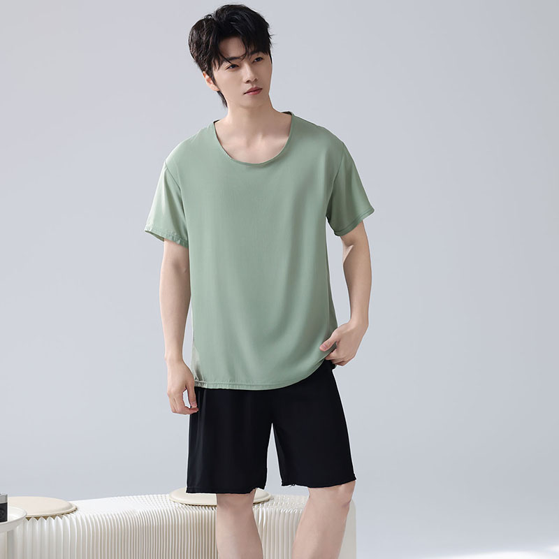 2025新款夏季薄款睡衣男士短袖短裤两件套装家居服棉绸圆领可外穿