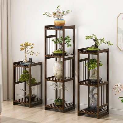 速发中式花客子架厅落地式镂空托竹多层花台花盆纯加高台置物架收