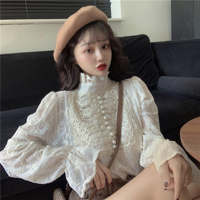 极速OCEANLOVE Lace Blusas Mujer Solid Stand Collar 2021 Spri
