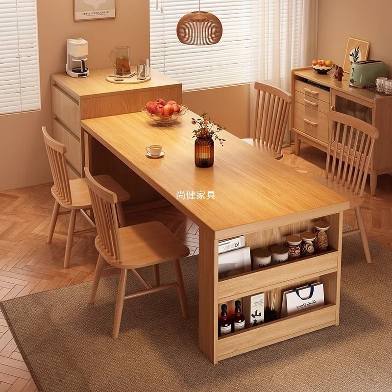 实木餐桌岛台一体家用餐边柜餐桌一体原木桌椅组合带抽屉吃饭桌子