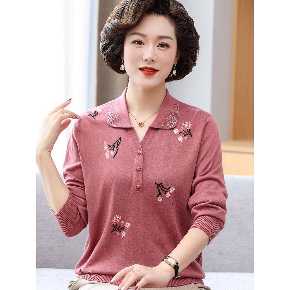 妈妈款秋装翻领上衣服中年妇女T恤打底衫50-60岁中老年人春秋套装