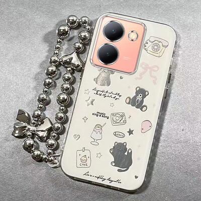 适用vivoy77/y78手机壳男女新款y76sy77e全包防摔y70s可爱y67y66iy97y93s电镀银y85y81sy7s/y9s/y78t小猫小熊