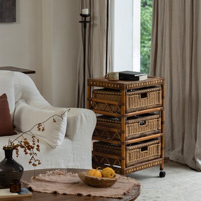 柏树 Wabi-Sabi覆古风格藤储物车移动边桌客厅卧室抽屉储物架