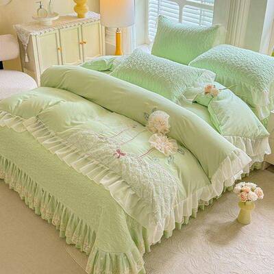 公主风水洗棉蕾丝花边床盖四套51464亲肤件棉被套棉防滑三件套季