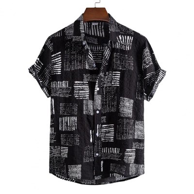 Short Sleeve Men Shirt Turn-down Collar Soft Print Loose Sum