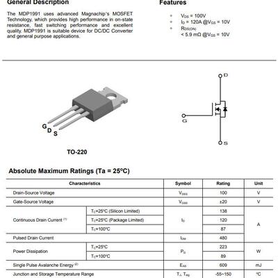 测量拆卸并连接到长腿Mdp1991直接插头120A100V控制器Mos管Mdp199