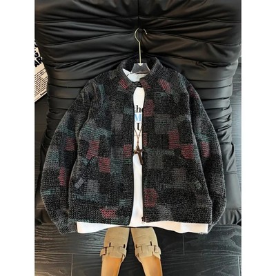 美式撞色格纹毛绒夹克男款秋冬