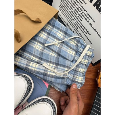 美式黄蓝侧拉链格子裤男冬季