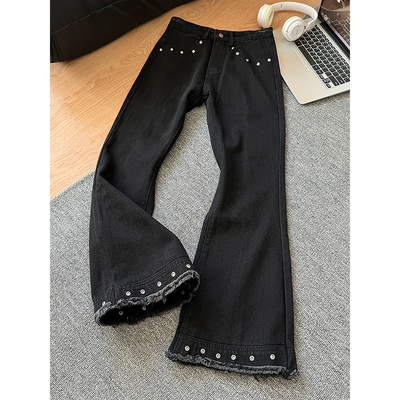 黑色毛边柳钉牛仔裤男秋季裤子