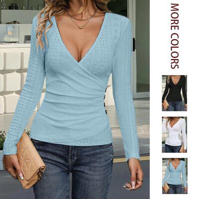 Women's Plain Eyelet Embroidery Fake Buttons Wrap Ruched Tee