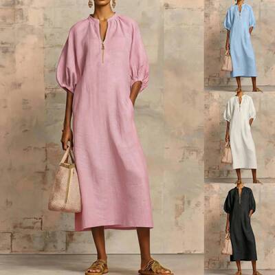 Women's Oversized Flowy Dress Casual Boho Puff Sleeve Linen