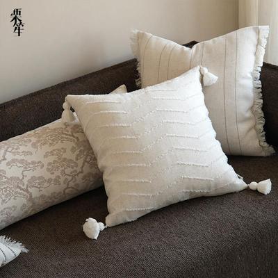 侘寂风线 条米色风棉麻流苏抱线枕夏透气靠枕亚麻沙发抱BIF枕腰春