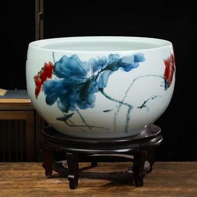 陶瓷鱼缸乌莲龟睡荷花盆景德家镇师名YG0124手绘用送礼客厅书房高
