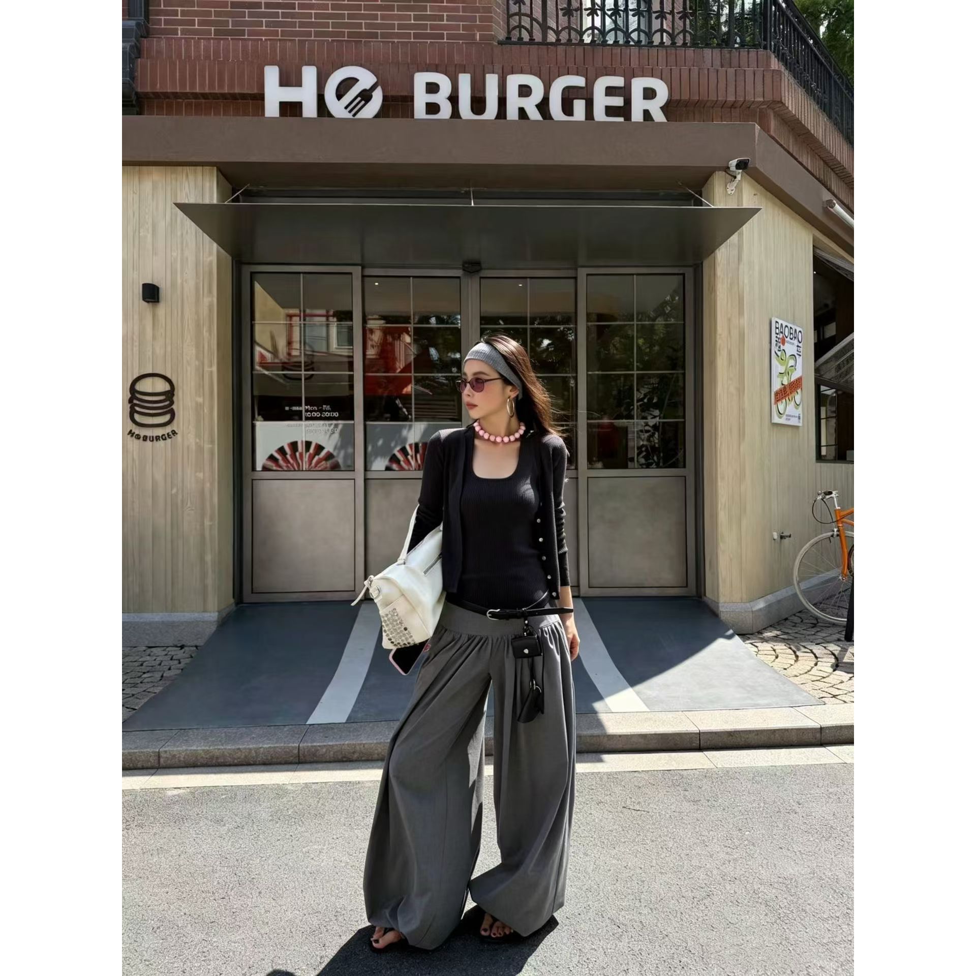 韩系大摆阔腿西装裤轻薄显瘦慵懒风灰色休闲长裤62515