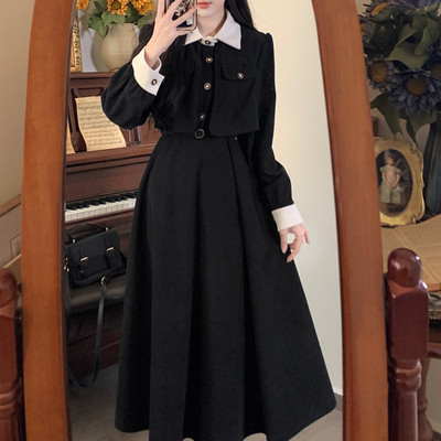 速发法式气质赫本富色洋装尺冬大秋码黑家小千金香风香搭配一整套