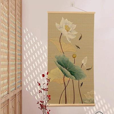 荷花新中式印花禅意竹卷帘装画画CBI客厅玄关走廊帘饰壁书房茶室