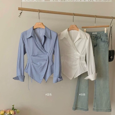 Collar long sleeved shirt irregular tops长袖衬衣不规则上衣女