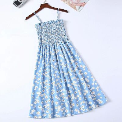 Casual camisole floral loose dress女士休闲吊带碎花收腰连衣裙