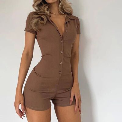 Solid color button waist slimming jumpsuit纯色纽扣修身连体裤