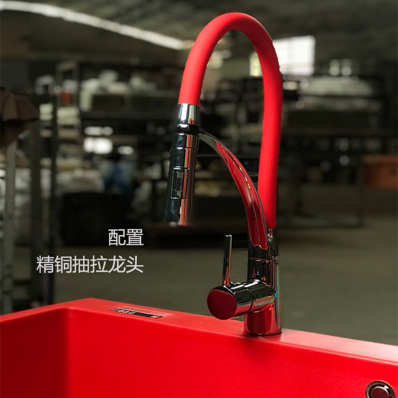 正红色石英石水槽大红色水池厨房套餐配精铜P抽拉龙头洗菜盆定制