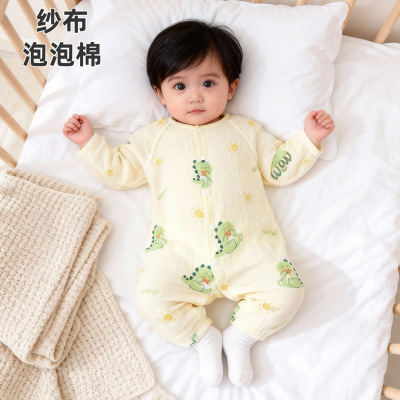 春季婴儿纯棉连体衣睡衣新生儿纱布哈衣0 1岁数贴身内衣家居服