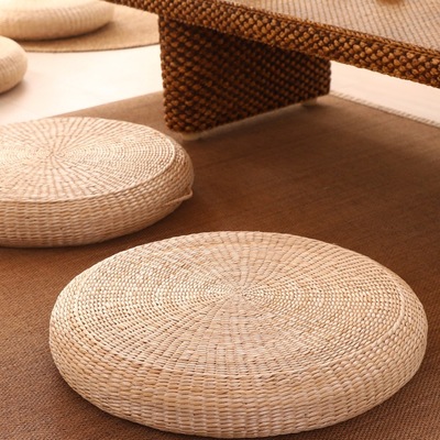 日式蒲团坐垫地上榻榻米软坐墩家用打坐禅修垫草编垫子跪拜垫绢花