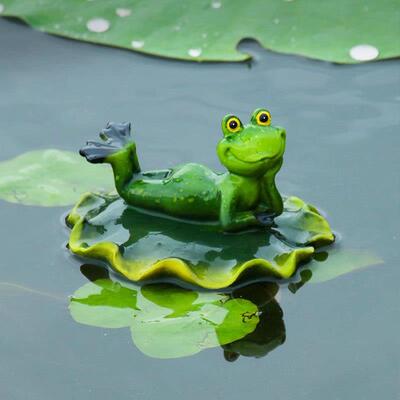 饰院鱼池彷真动物小竹排青蛙树脂摆饰花园装庭池院塘浮水鱼缸OON
