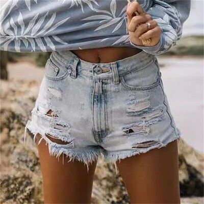 High waisted distressed tasse denim shorts破洞流苏牛仔短裤女