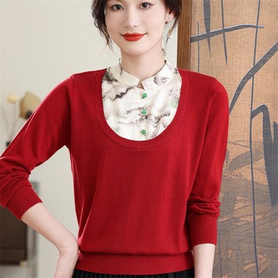 速发中年妈妈秋装国风春衫洋气中老年人装小秋大码假织衫针两件上