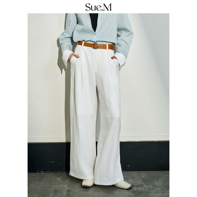 Sue.M 欧洲进口100%亚麻西裤女老钱风白色阔腿裤宽松直筒休闲长裤