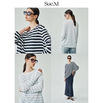 和纸纱条纹圆领T恤宽松休闲