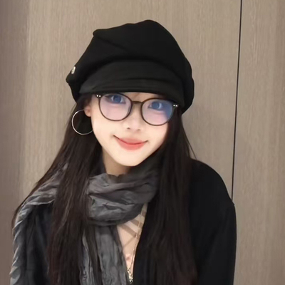 韩系复古黑色贝雷帽子女款八角帽