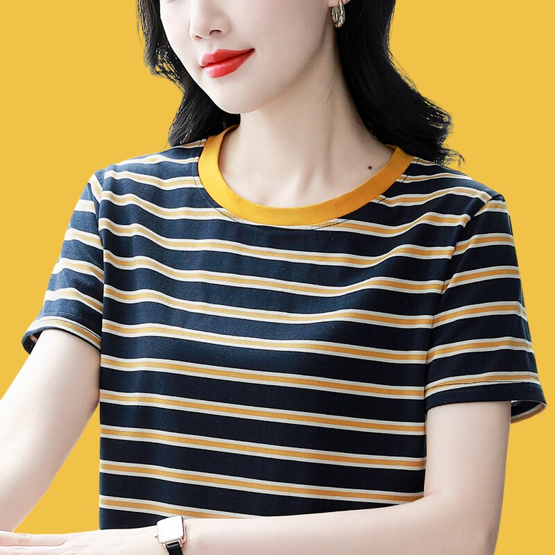 韩版百搭全棉条纹短袖T恤女士2026夏季新款中年妈妈宽松休闲上衣