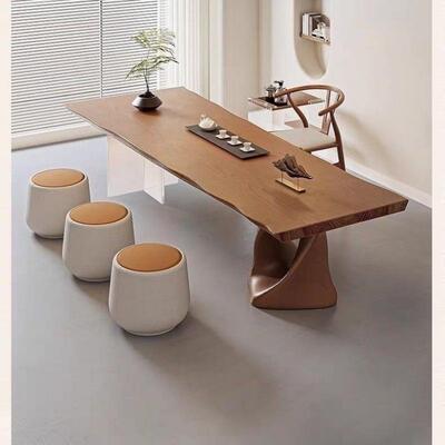 实木茶桌板奢轻中古QZV风茶桌大茶桌异实木网红形桌腿新中式家具