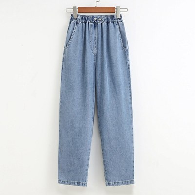 速发超薄天伦牛仔裤大码宽松松紧腰阔腿哈九丝分裤