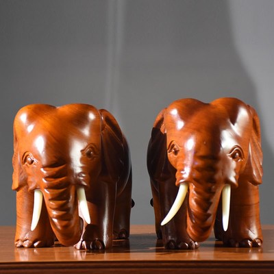 速发花梨木雕大象摆件象一对实木红大雕刻乔迁礼品家居装饰象木吉