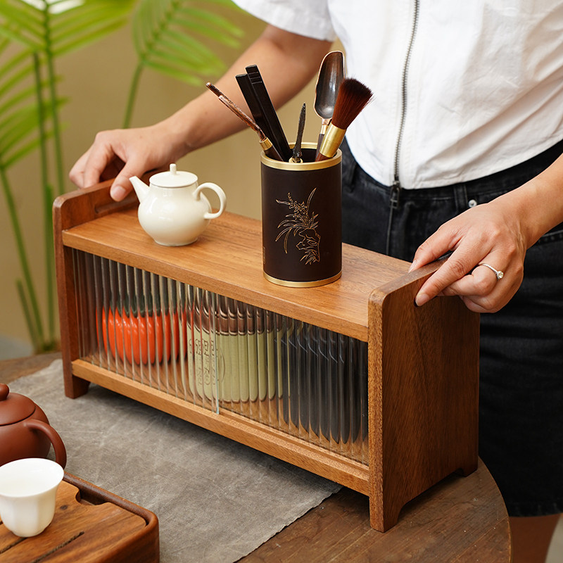 实木茶道收纳盒茶具配件整理盒桌面茶艺用品玻璃柜透明新款储物盒