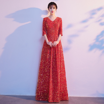 速发酒红装大合朗团红歌演出服长裙舞台唱诵表演服色指挥主持晚礼
