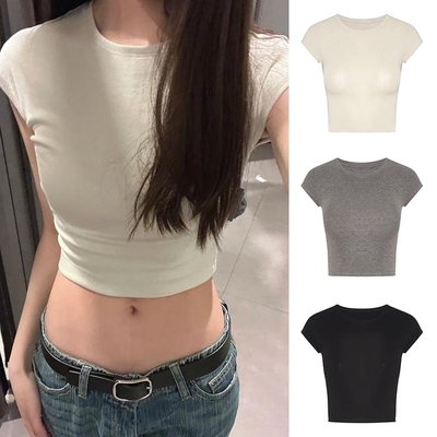 Moses Queen/魔西女王露脐短款上衣辣妹修身小飞袖圆领短袖T恤
