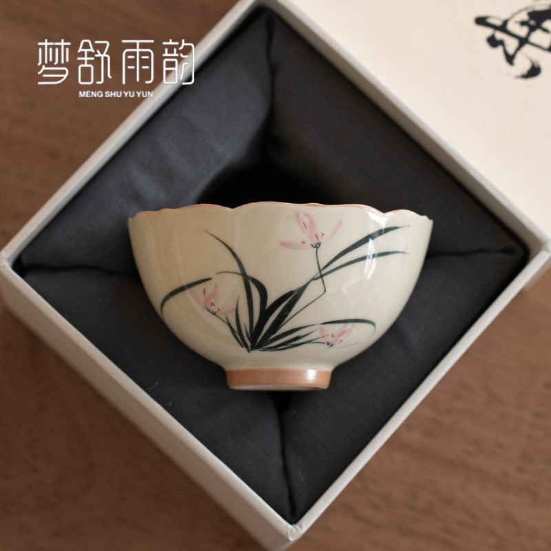 草木灰手绘兰花主人杯花口茶杯单女杯功夫茶具茶杯单个陶瓷茗杯