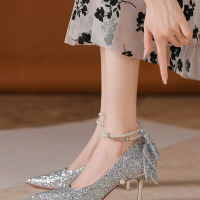 速发不累脚银新高跟5202鞋色款亮片水晶主纱婚鞋秀禾两穿新娘结婚