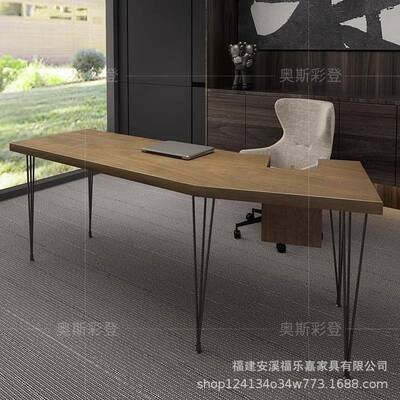 loft实木老板桌办公个性弧FLJ11578形书单人桌办创室意原木电脑桌