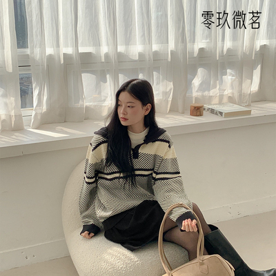 零玖微茗韩版2025新款时尚宽松大码条纹上衣撞色连帽针织衫78537