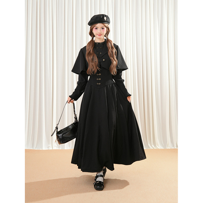 沉睡梦境 复古鱼骨挂脖收腰半裙+衬衫+披肩优雅古典秋季三件套