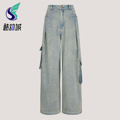 Adidas/阿迪达斯正品三叶草女士工装做旧牛仔经典宽松长裤KU9533