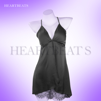 HeartBeats 性感睡衣女夏缎面露背深V带胸垫法式纯欲蕾丝吊带睡裙