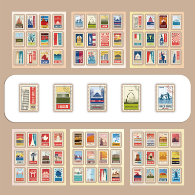 6大张半切复古城市邮票个性贴纸