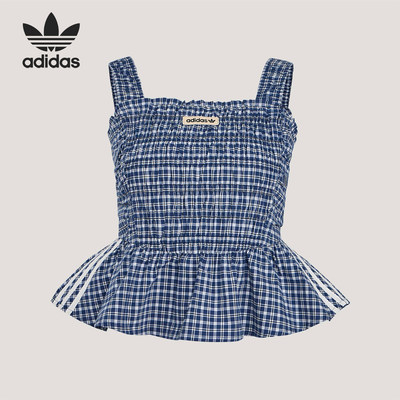 Adidas/阿迪达斯正品三叶草女士格纹荷叶边运动背心T恤KX7035