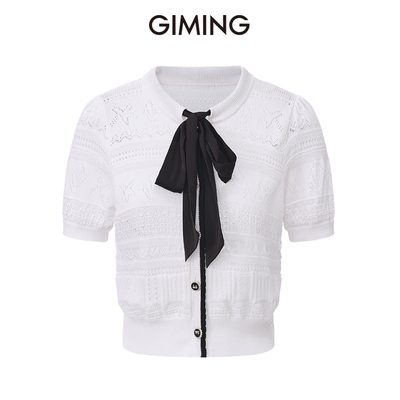 GIMING白色蝴蝶结镂空针织开衫